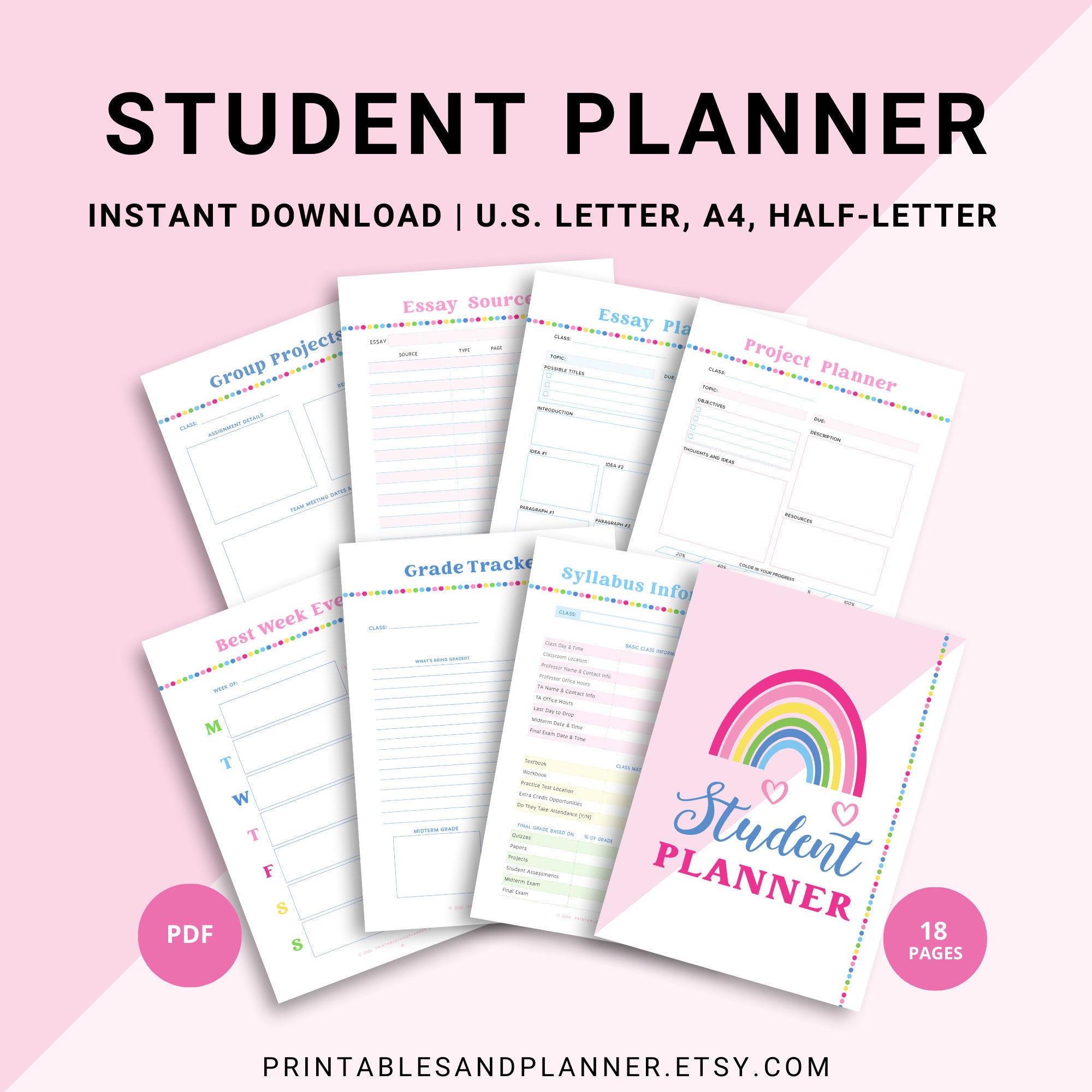 Printable Student Planner, Academic Planner, High School, Assignment ...