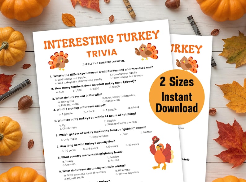 Turkey Trivia Printable Game - Color and Black/white Versions | 8.5x11 ...