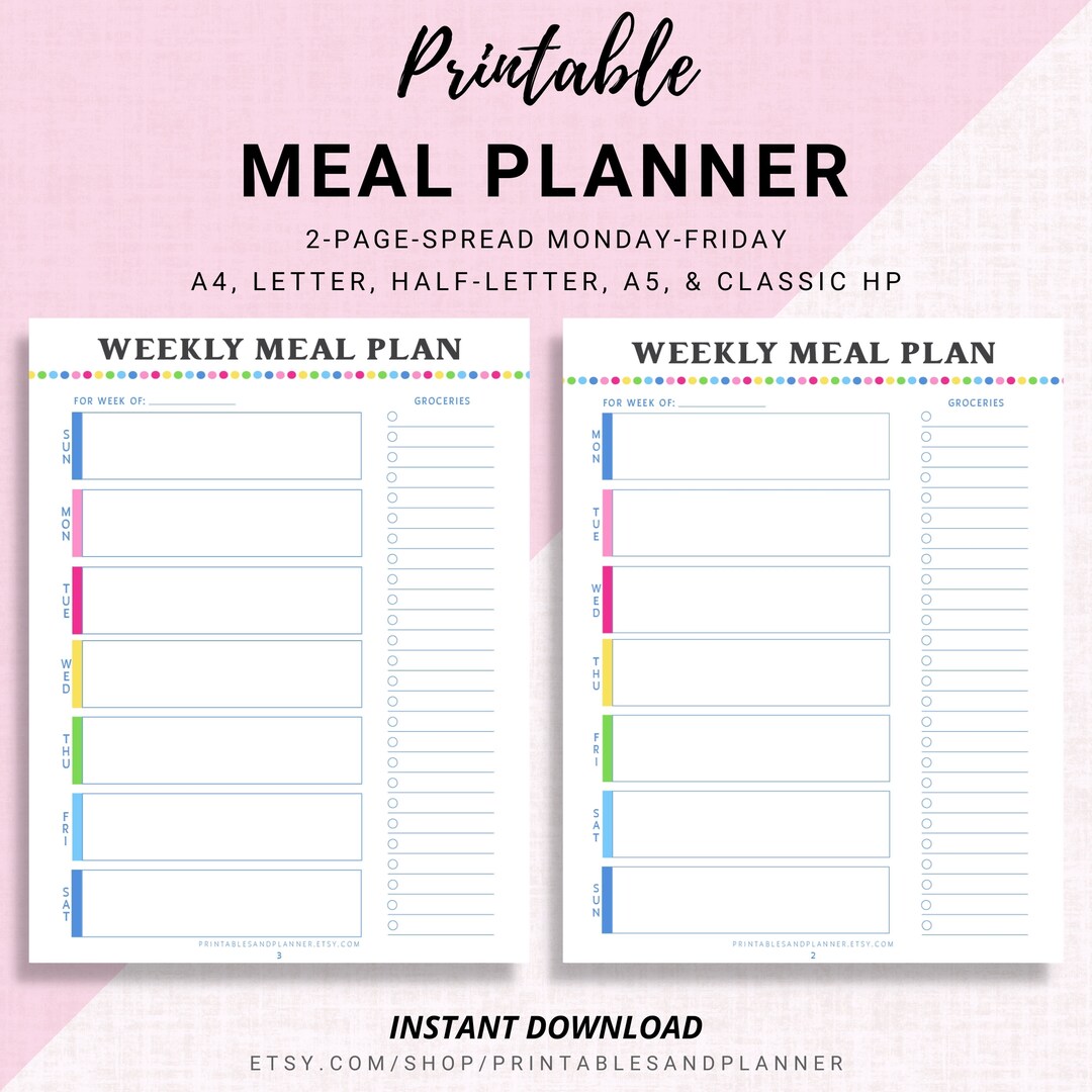 Printable Weekly Menu and Grocery List Letter, A4, A5, Half Letter ...