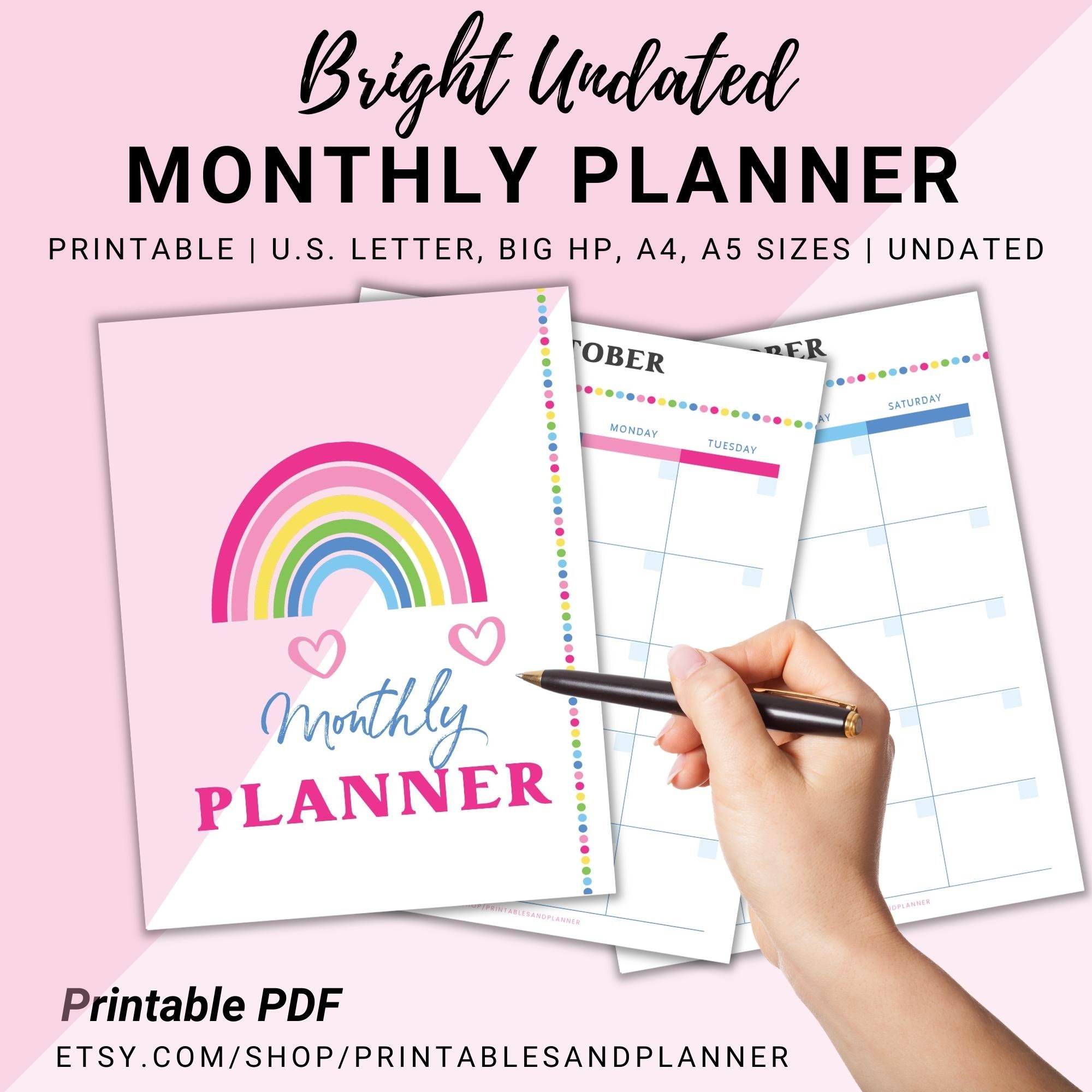 Printable Undated Monthly Planner, Bright, Multiple Sizes (PDF Download ...