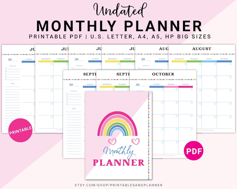 Printable Undated Monthly Planner, Bright, Multiple Sizes (PDF Download ...