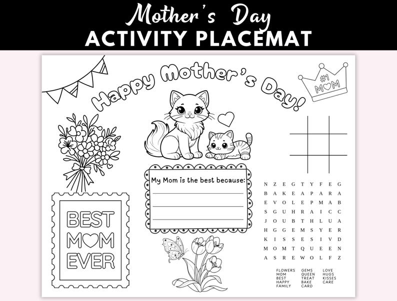 Mother’s Day Activity Placemat Printable – Kids Coloring Sheet and Fun ...