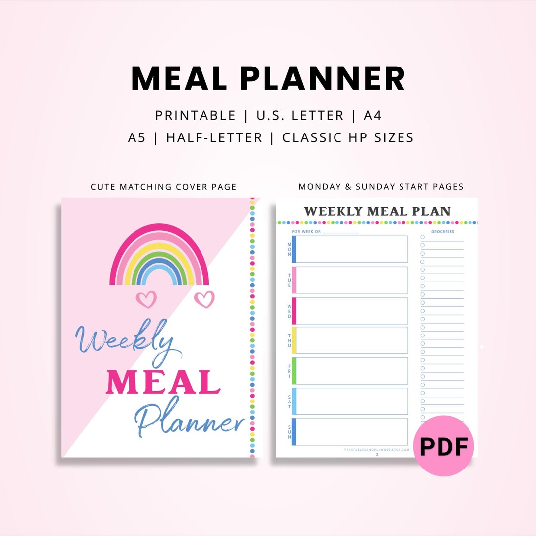 Printable Weekly Meal Planner and Grocery List - Letter, A4, A5, Half ...