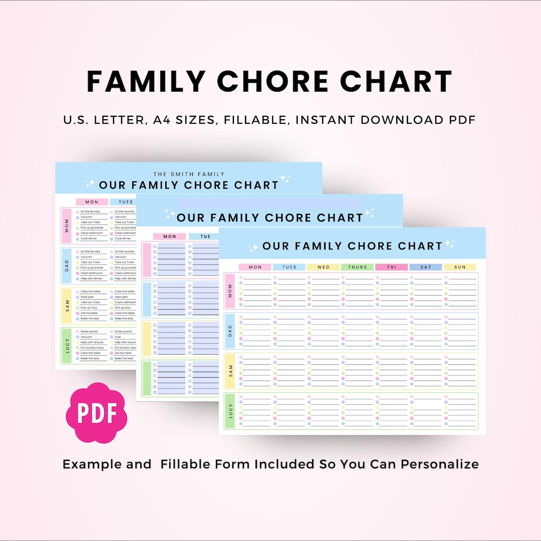 Family Chore Chart PDF Landscape Printable, Fillable and Customizable ...