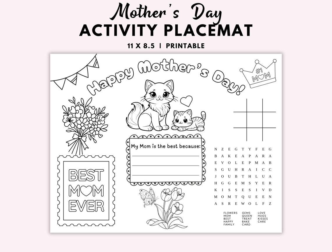 Mother’s Day Activity Placemat Printable – Kids Coloring Sheet and Fun ...