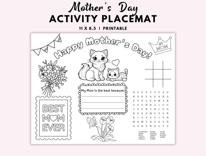 Mother’s Day Activity Placemat Printable – Kids Coloring Sheet and Fun ...