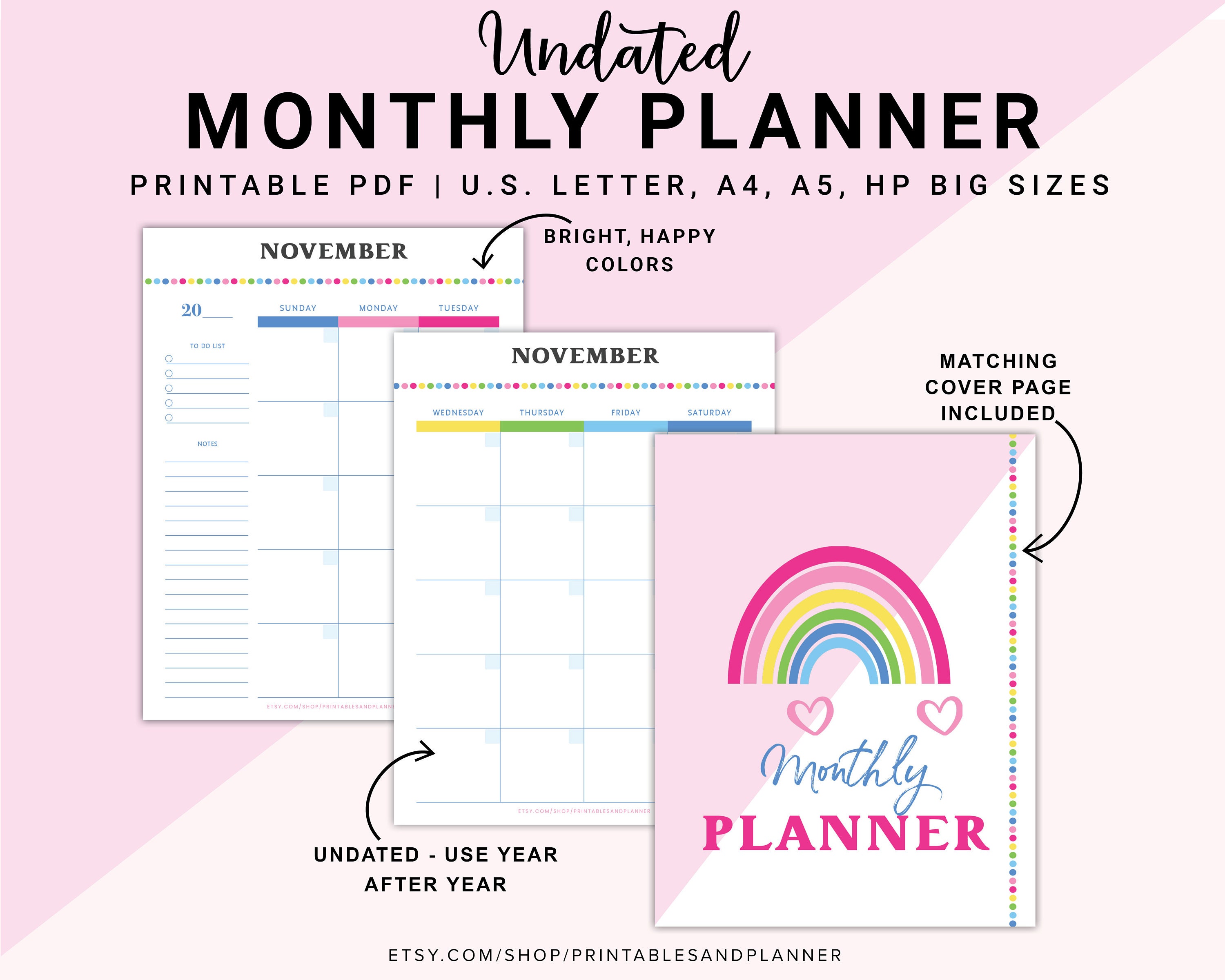 Printable Undated Month on 2 Pages, Monthly Planner, Monthly Calendar ...