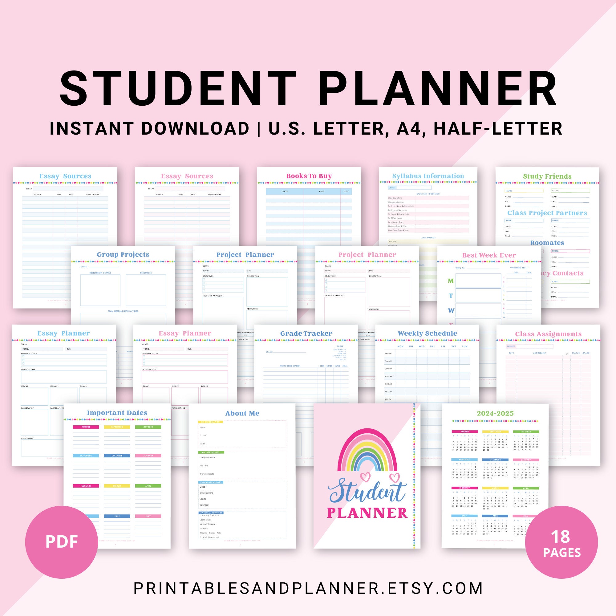 Printable Student Planner, Academic Planner, High School, Assignment ...