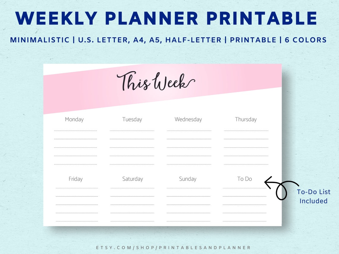 Weekly Planner Printable Landscape, Minimalist Weekly Schedule, Week at ...
