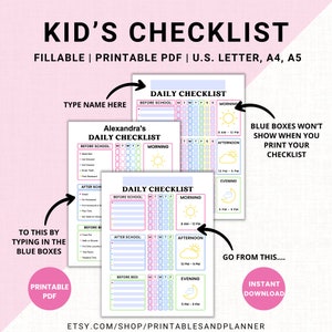 Kids Chore Chart Printable, Daily Checklist, Fillable PDF - Etsy
