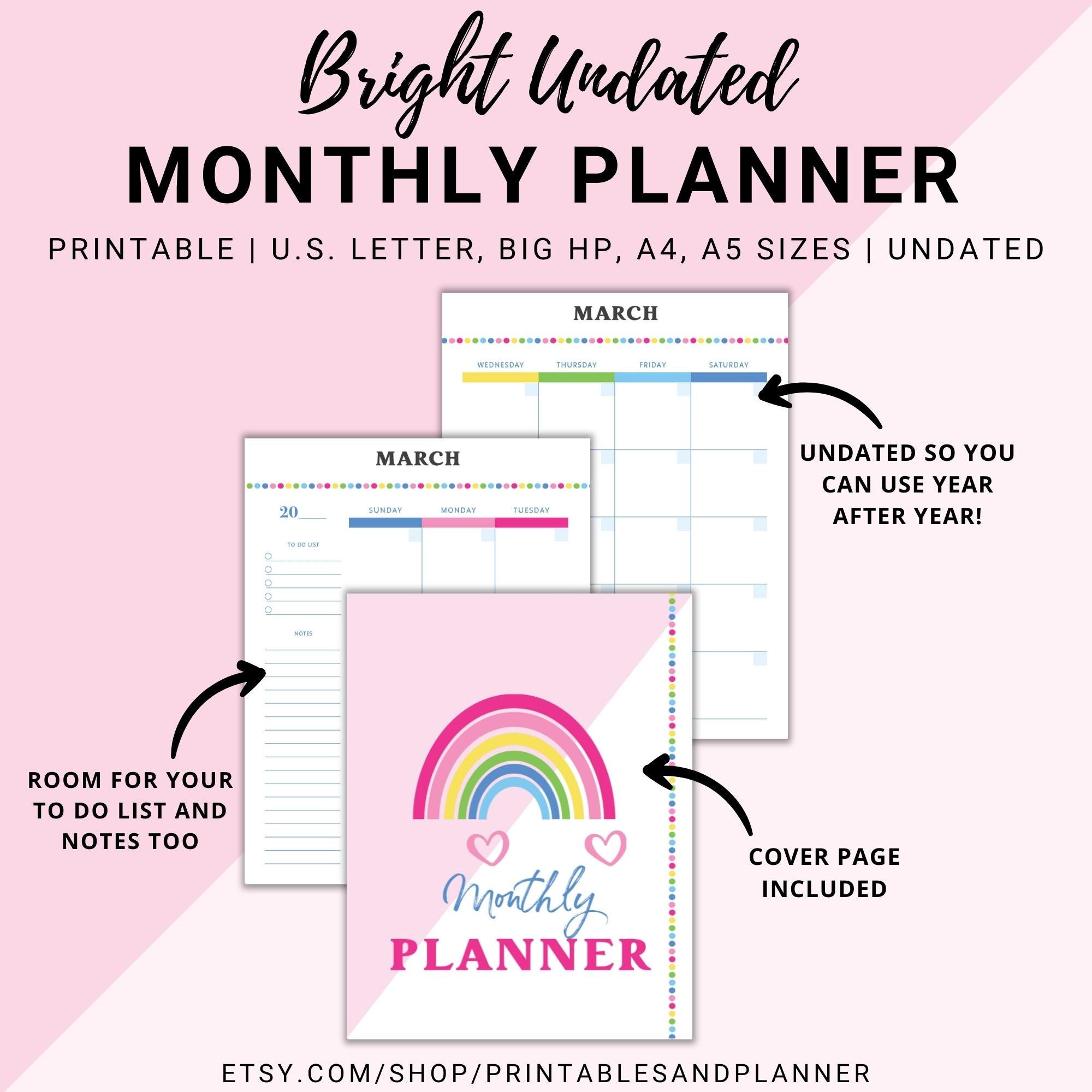 Printable Undated Monthly Planner, Bright, Multiple Sizes (PDF Download ...