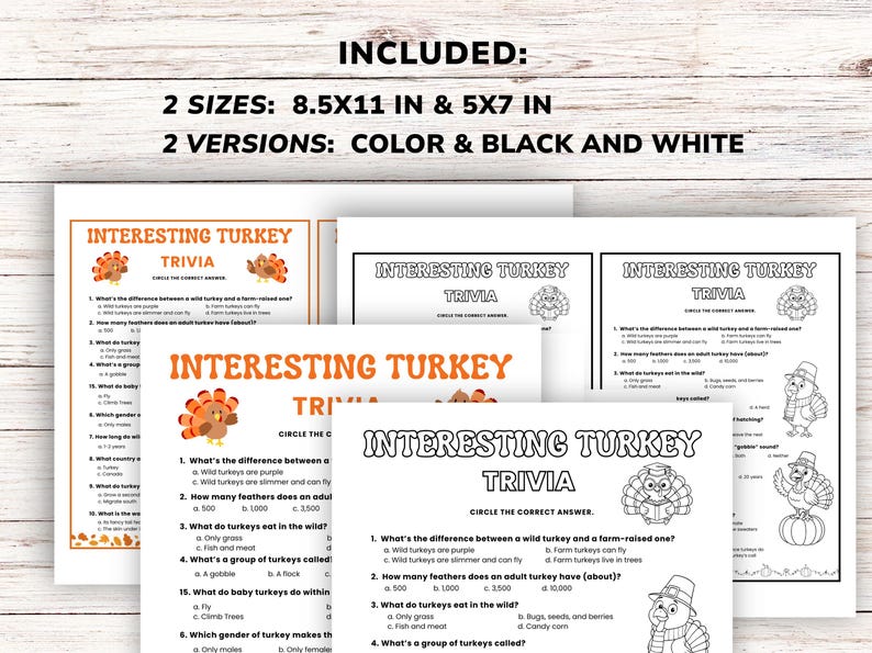 Turkey Trivia Printable Game - Color and Black/white Versions | 8.5x11 ...