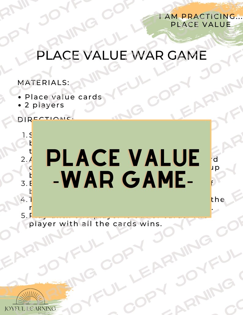 Place Value Math War Game Instant Download PDF File Homeschool and Math ...