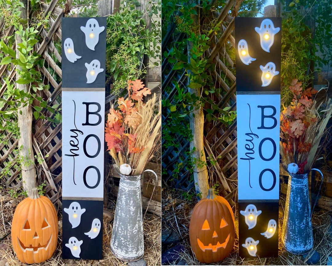 LED Lighted Hey Boo Ghost Halloween Welcome Sign for Front Porch ...