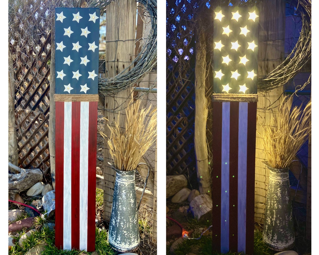 LED Lighted American Flag Patriotic Front Porch Sign, Wooden American ...