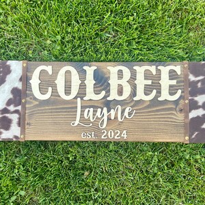 Western Baby Name Wood Sign W/ Cowhide Suede and Western Style Text ...