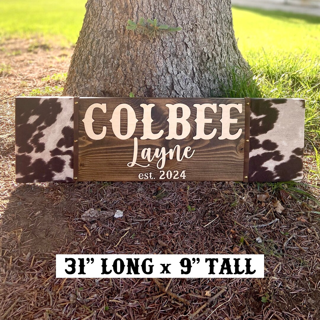 Western Baby Name Wood Sign W/ Cowhide Suede and Western Style Text ...
