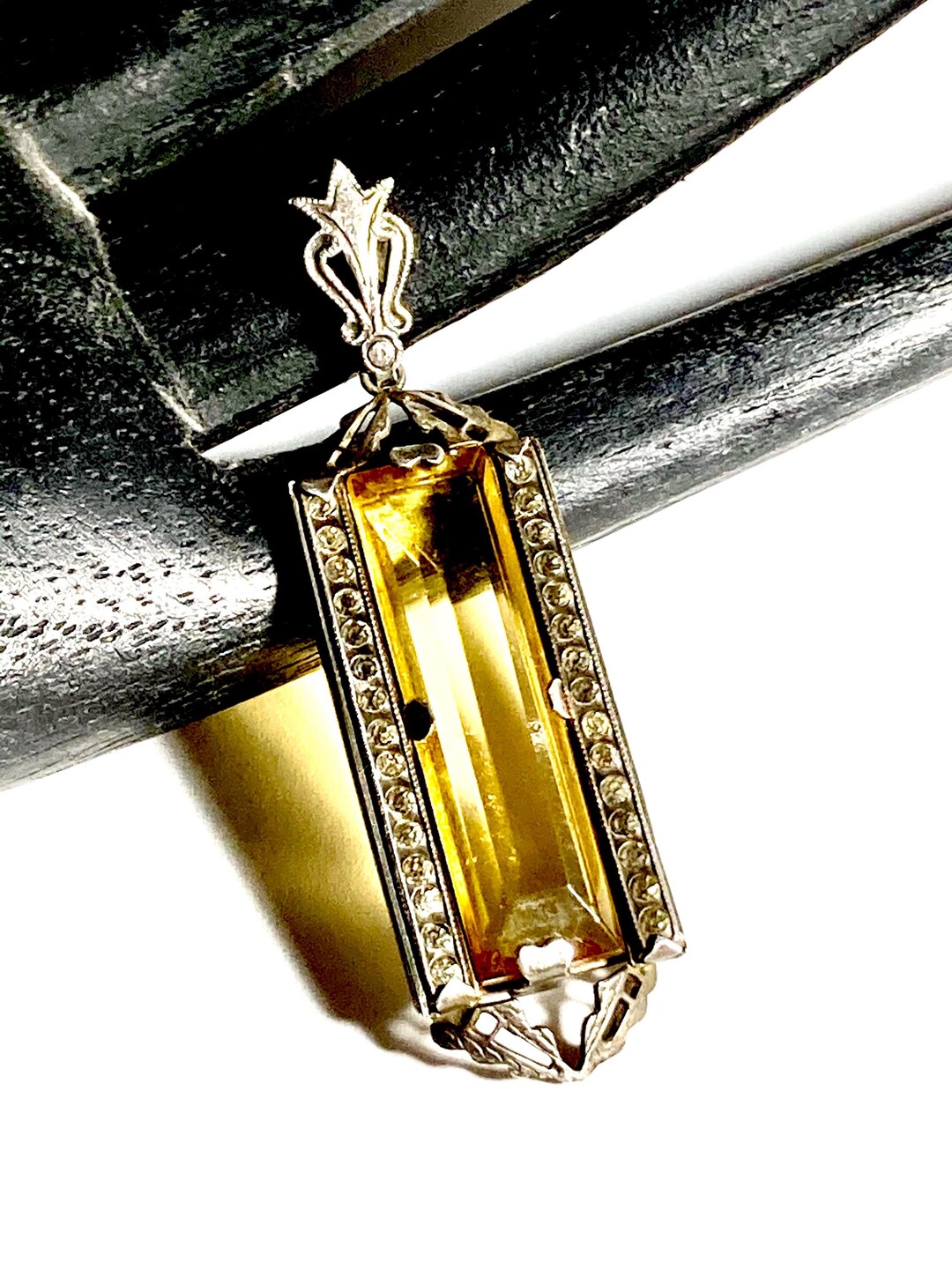 Antique Victorian Yellow Topaz Paste & Sterling Silver Pendant. Emerald Cut Yellow Topaz Glass ...