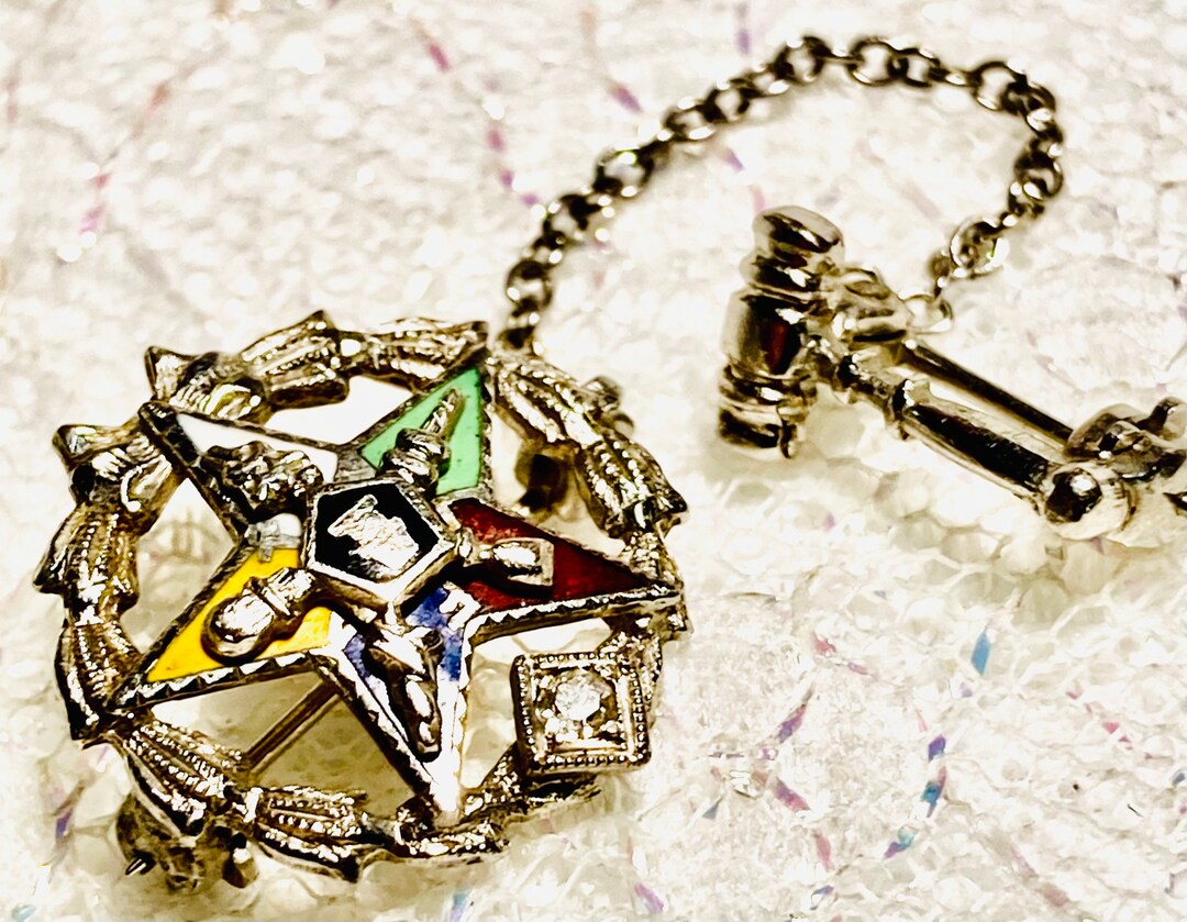 Vintage 14k Diamond Justice Star Pin Brooch With Chain & Gavel .05ct ...