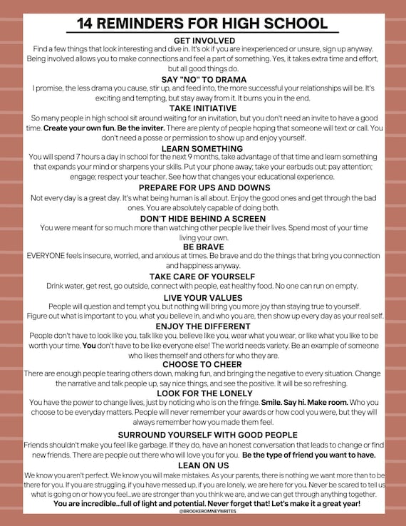 Printable 14 Reminders for High Schoolers Going Back to School - Etsy