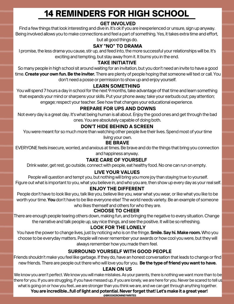 Printable 14 Reminders for High Schoolers Going Back to School - Etsy