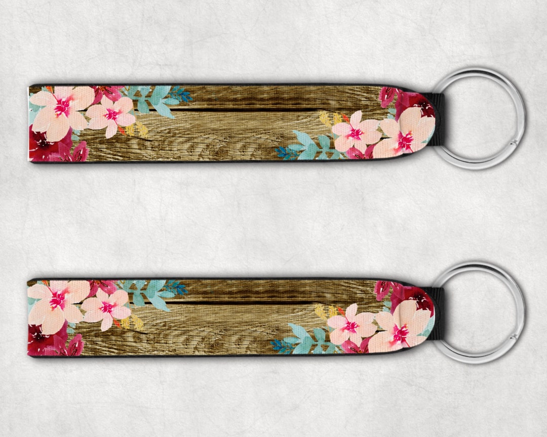Pink Flowers, Floral, Woodgrain, Wristlet, Key Chain, Key Fob, Lanyard ...