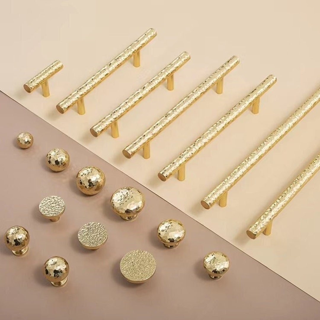 Hammered Solid Brass Drawer Pulls Knobs Knurled Knob Door Pull, Golden ...