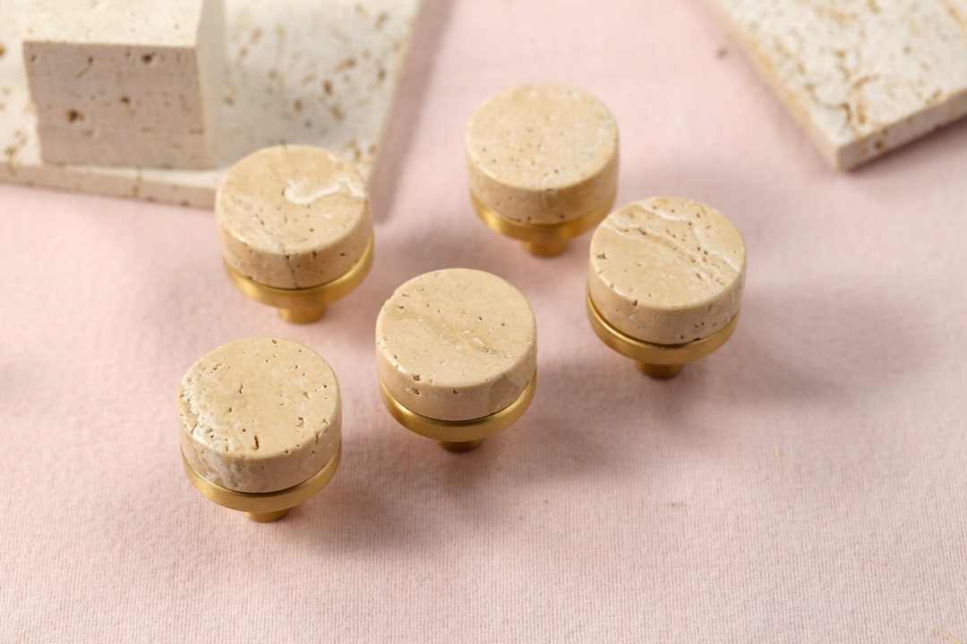 Natural Travertine Drawer Knobs Pulls, Natural Limestone Brass Cabinet ...