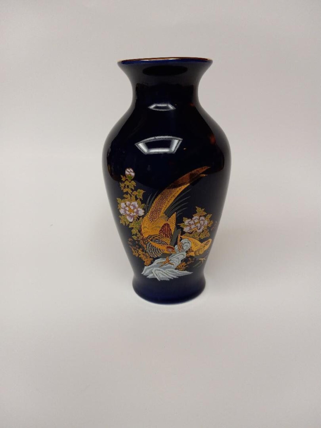 Vintage Hand Painted Cobalt Blue Vase With Golden Pheasant and ...