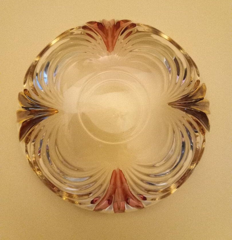 Vintage Clear Glass Bowl With Scalloped Pattern Gold and Maroon Painted ...