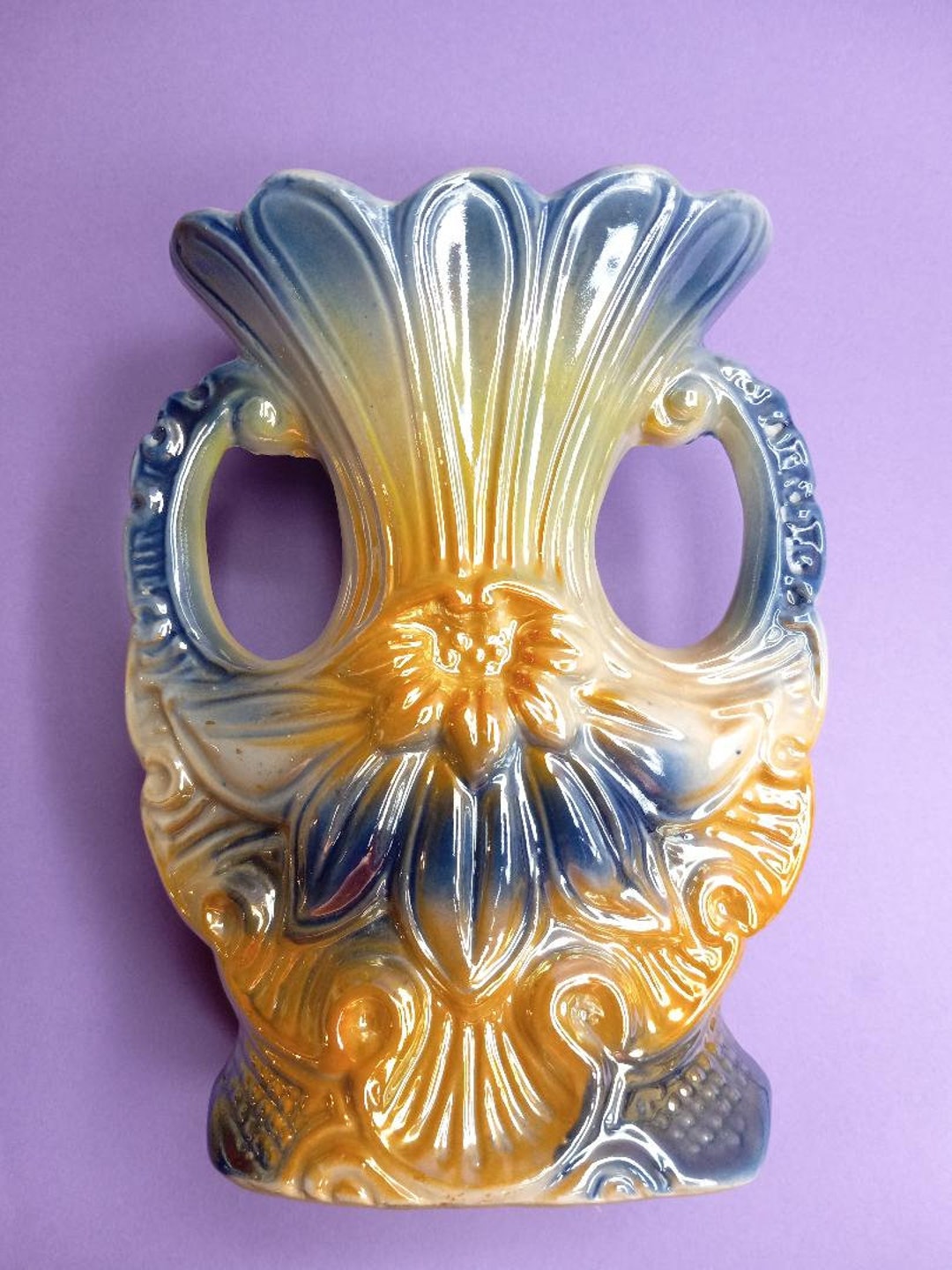 Vintage Lusterware Ceramic Vase Floral Pattern Blue and Gold Made in ...