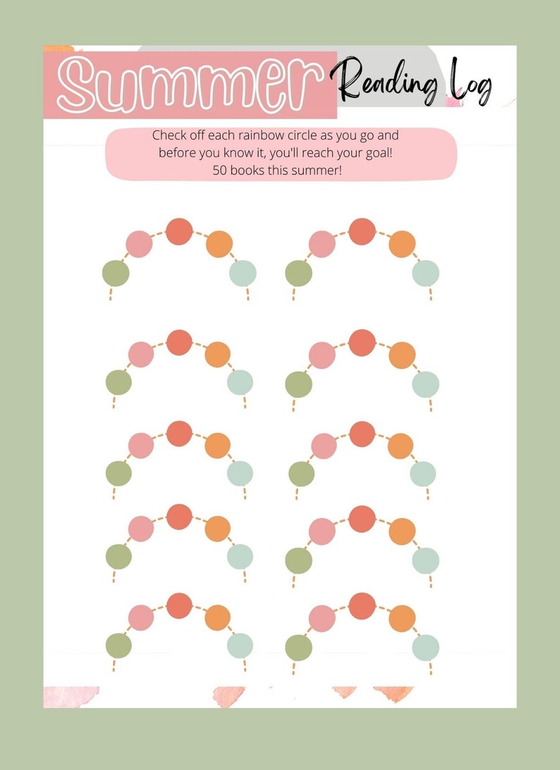 Rainbow Summer Reading Challenge Printable Page Reading Log 100 or 50 ...