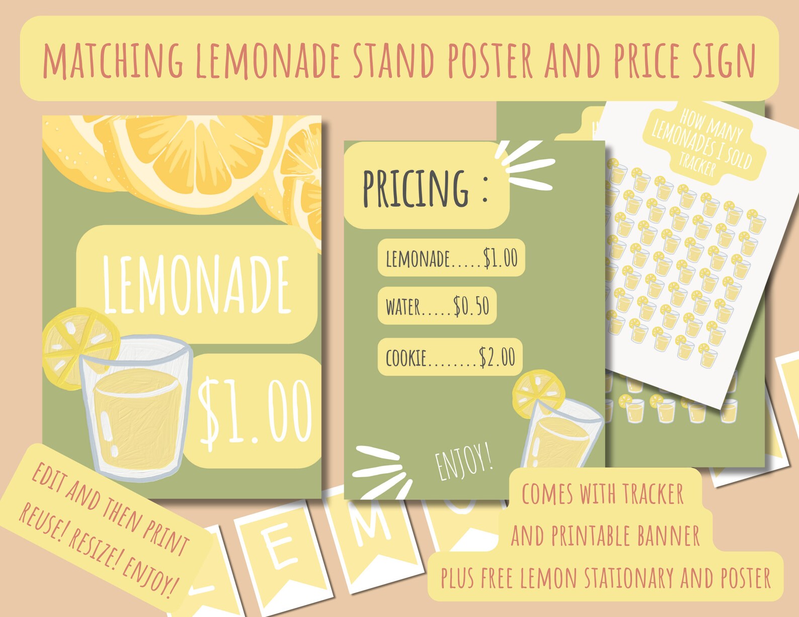 SUMMER LEMONADE STAND Poster Bundle, Editable Template, Summer Kids ...