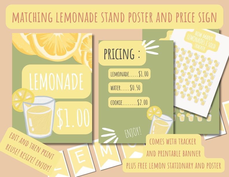 SUMMER LEMONADE STAND Poster Bundle, Editable Template, Summer Kids ...
