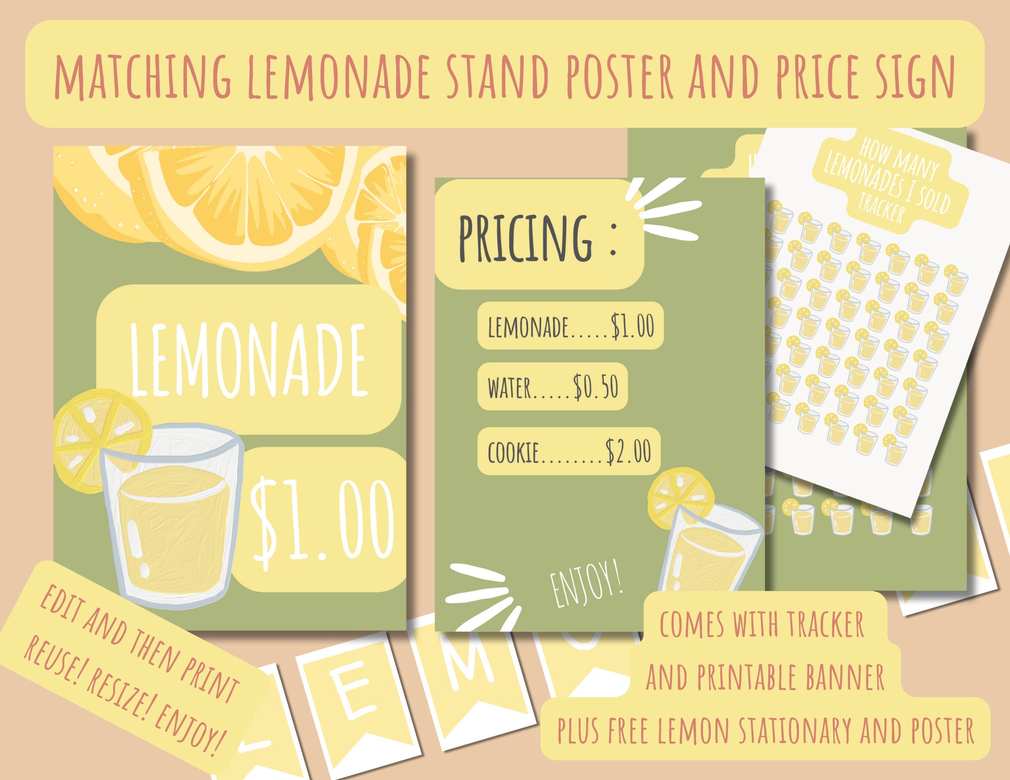SUMMER LEMONADE STAND Poster Bundle, Editable Template, Summer Kids Lemonade Sale, 70 Pg Instant ...