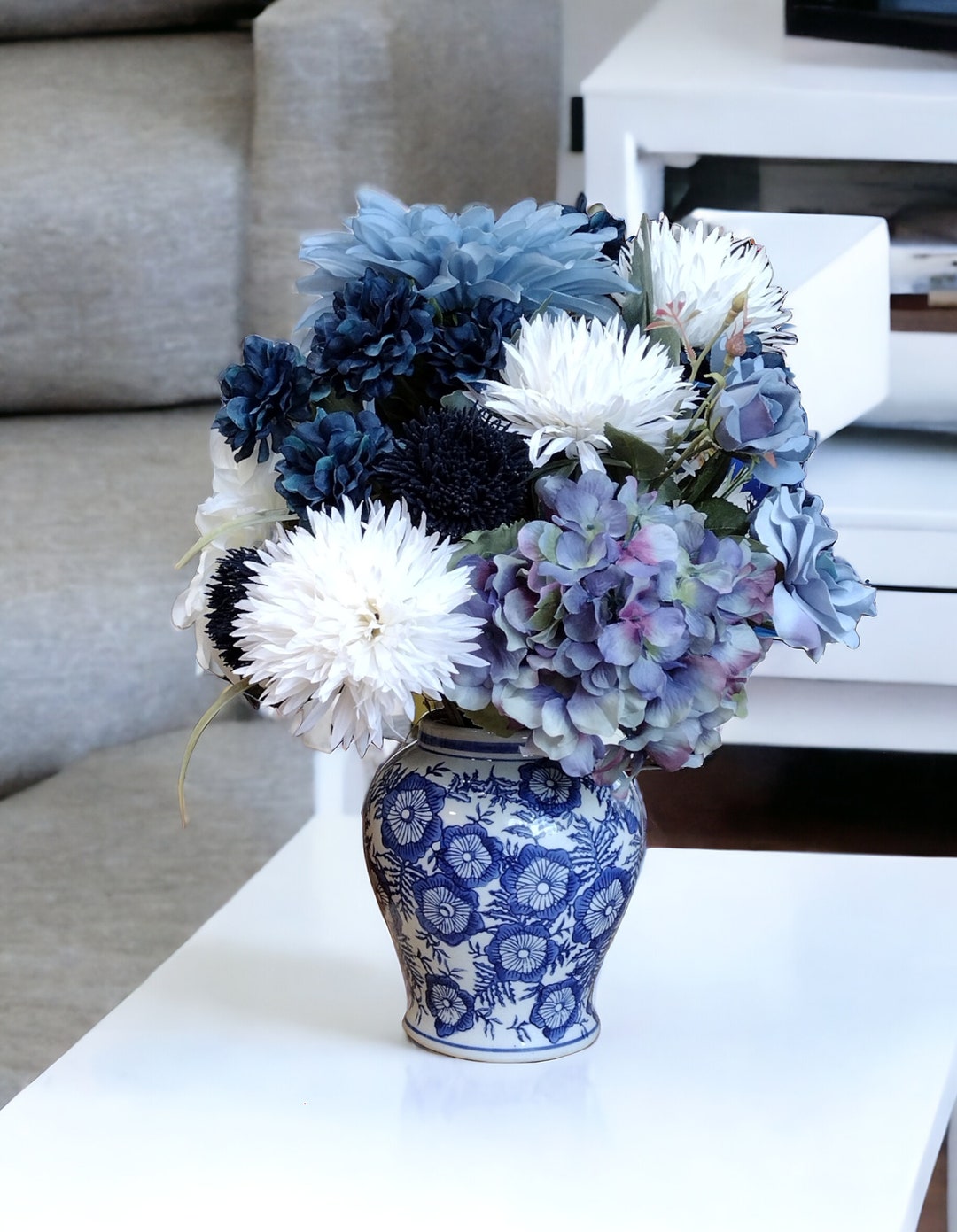 Blue Flowers Arrangement Centerpiece, Blue Floral Centerpiece in a Blu ...