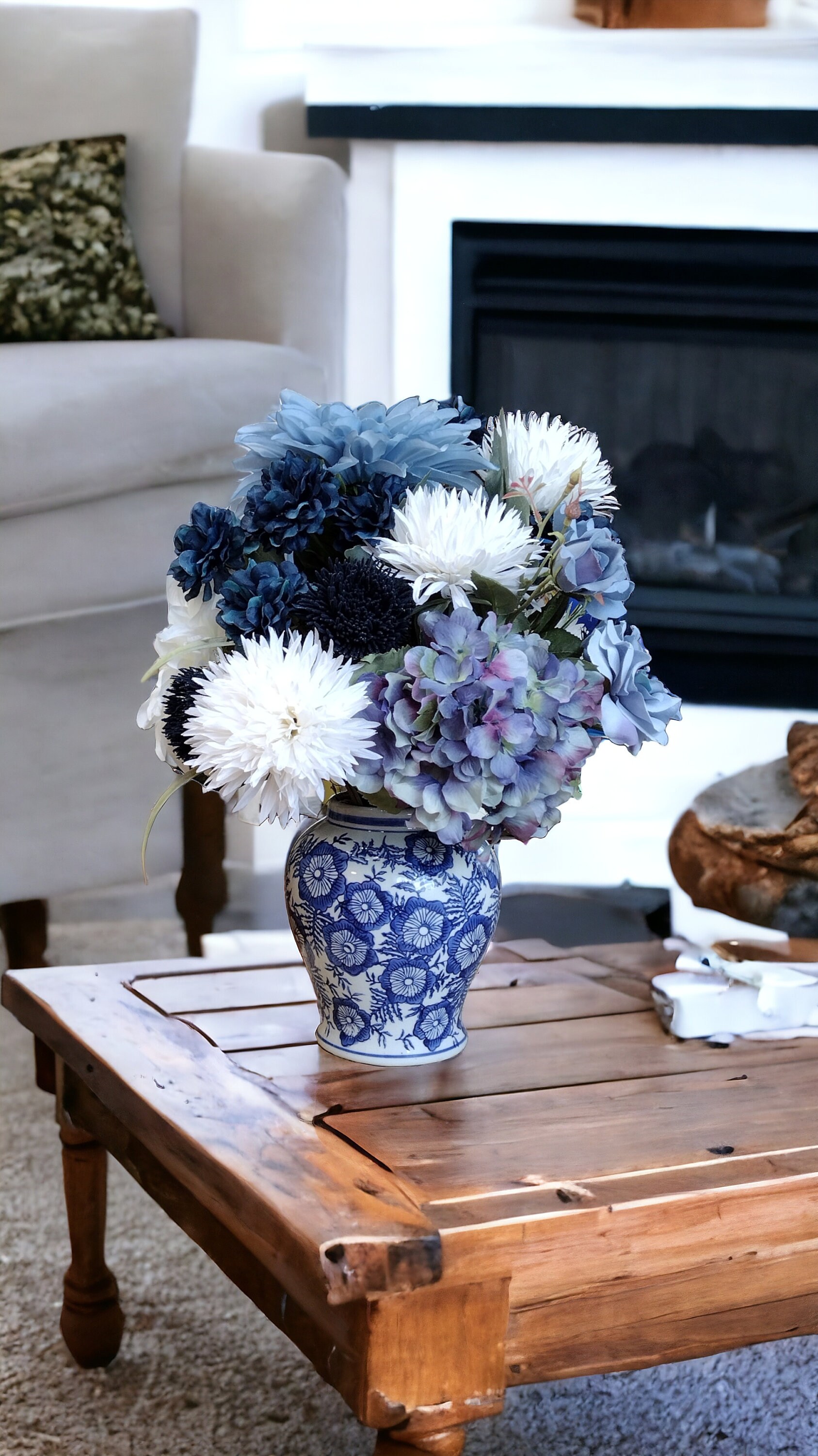 Blue Flowers Arrangement Centerpiece, Blue Floral Centerpiece in a Blu ...