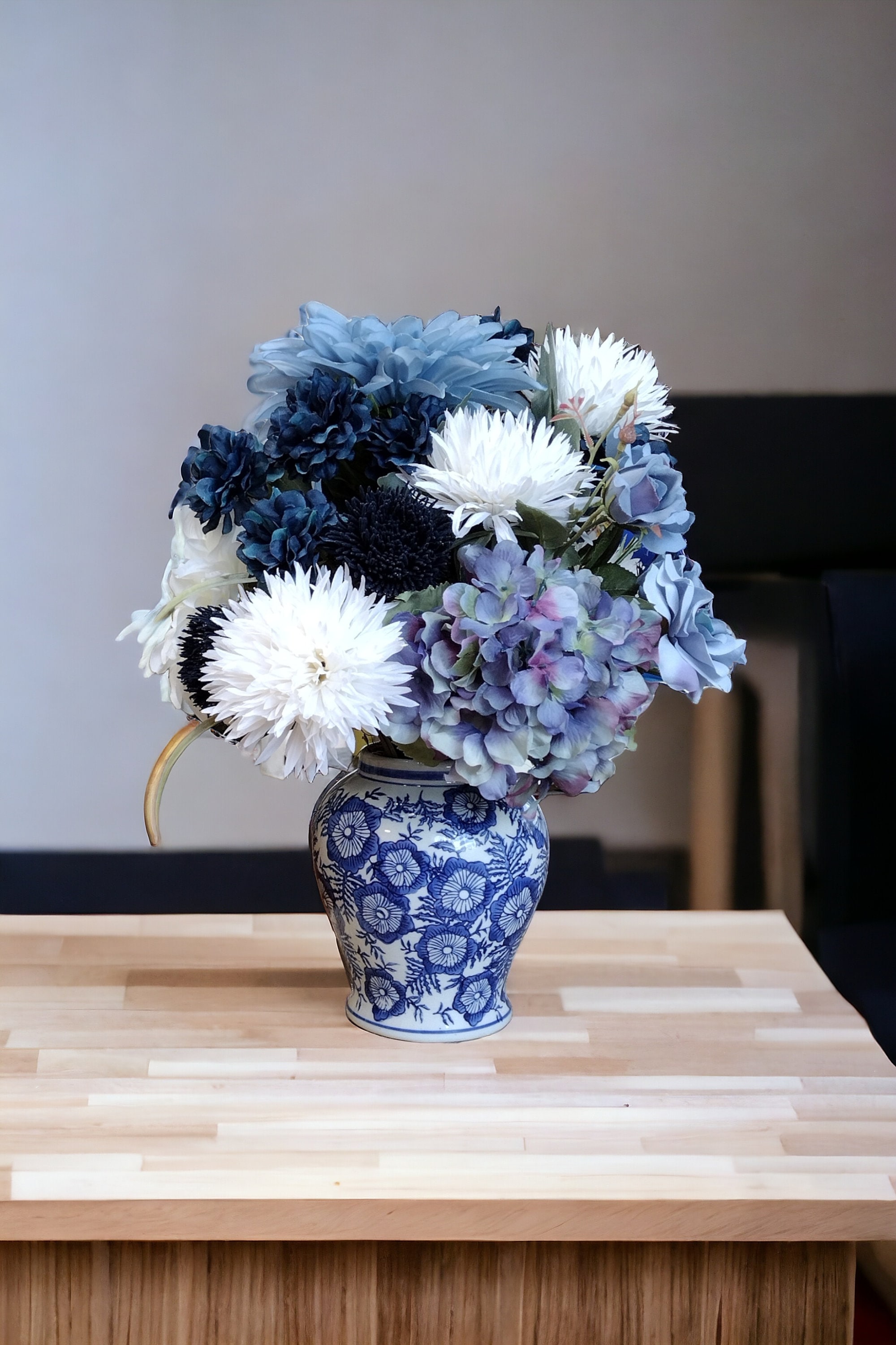 Blue Flowers Arrangement Centerpiece, Blue Floral Centerpiece in a Blu ...