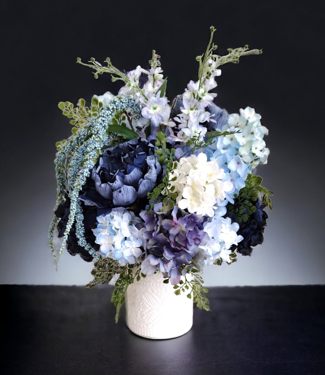 Blue Flowers Arrangement Centerpiece, Blue and White Floral Centerpiece ...