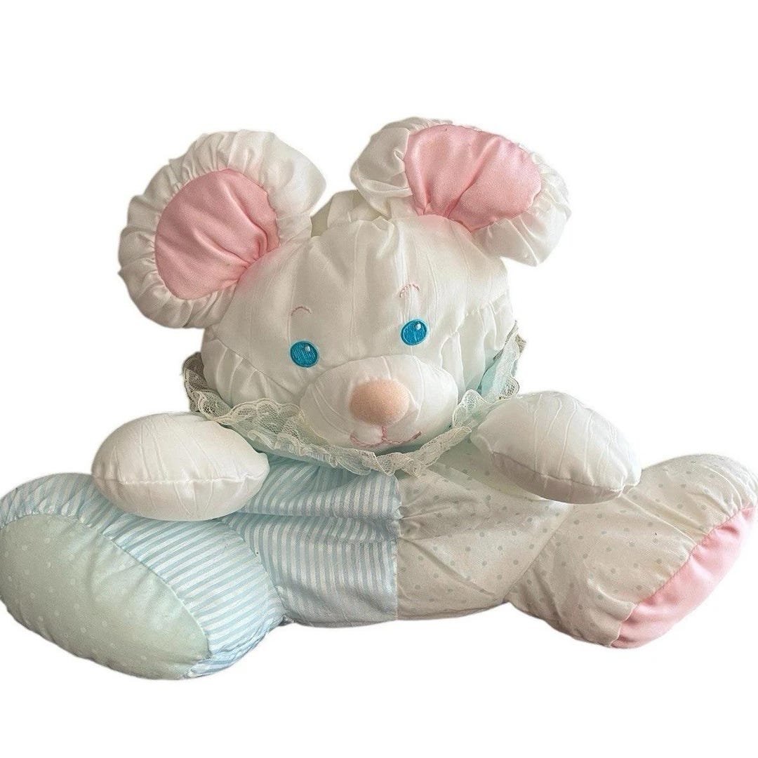Vintage Fisher Price Puffalump Mouse Baby Plush Pink Ears Blue Rattle ...