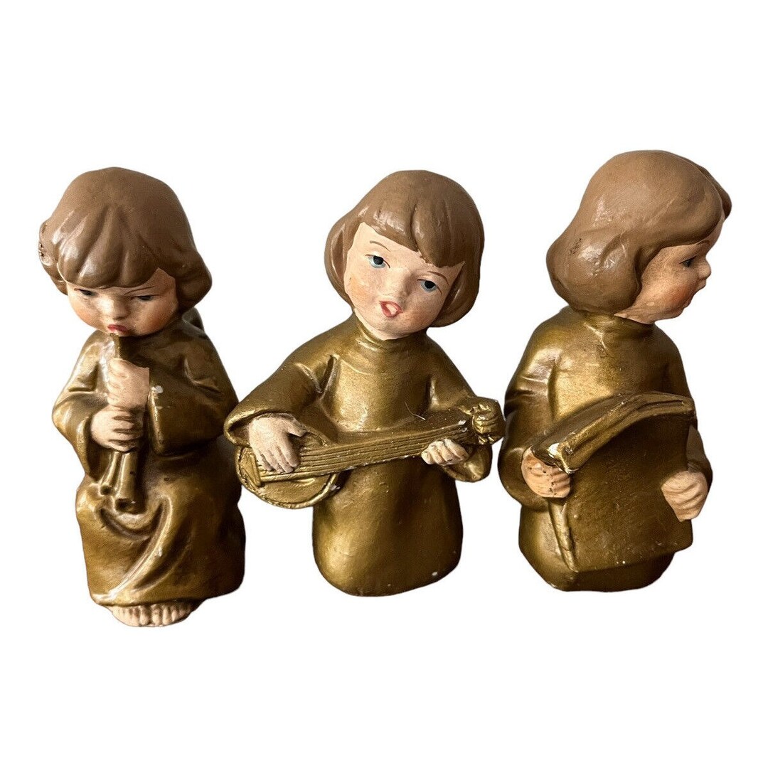 Vintage Kneeling Choir Angels With Instruments Set of 3 Golden Brown ...