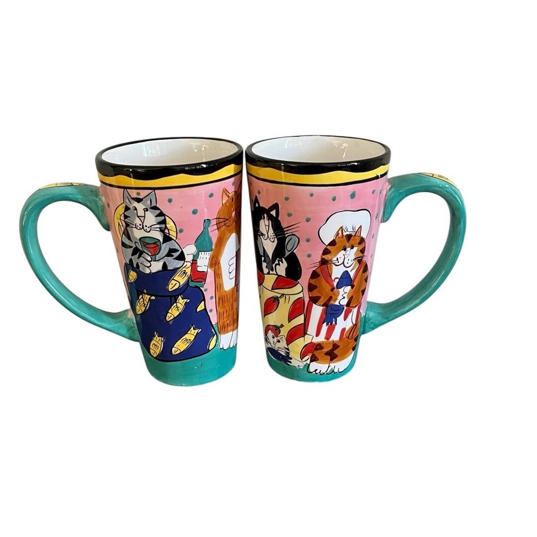 2 Vintage Catzilla Tall Latte Colorful Coffee Mugs Candace Reiter Chef ...