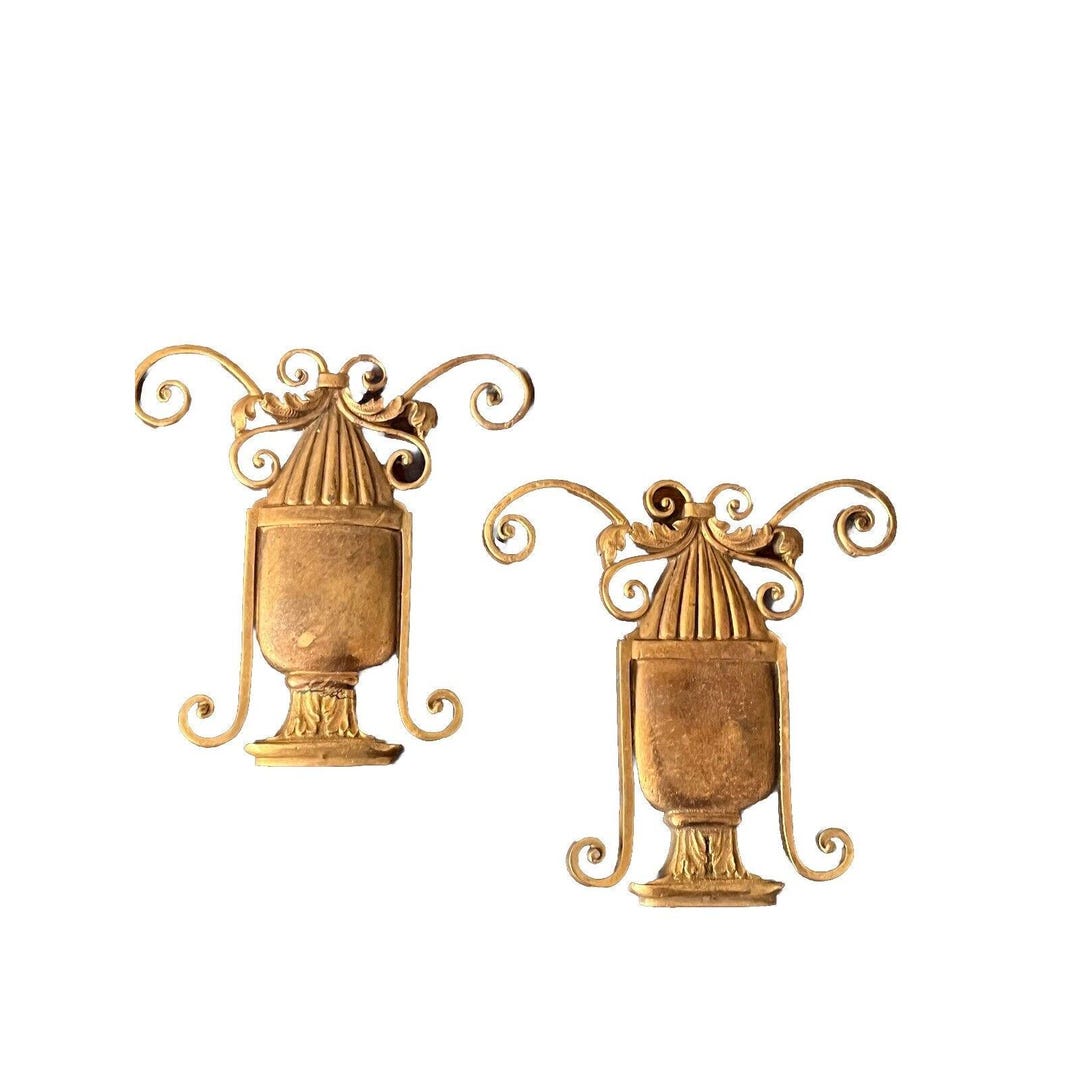 Vintage Pair French Brass Decorative Pediment Trim Mount Urn Vases Wall ...
