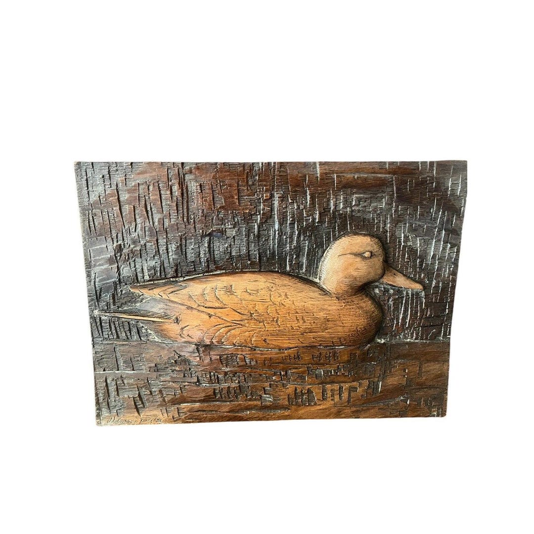 VTG Hand Carved Wooden Duck Decoy Wall Decor Brutalist Plaque Mallard ...