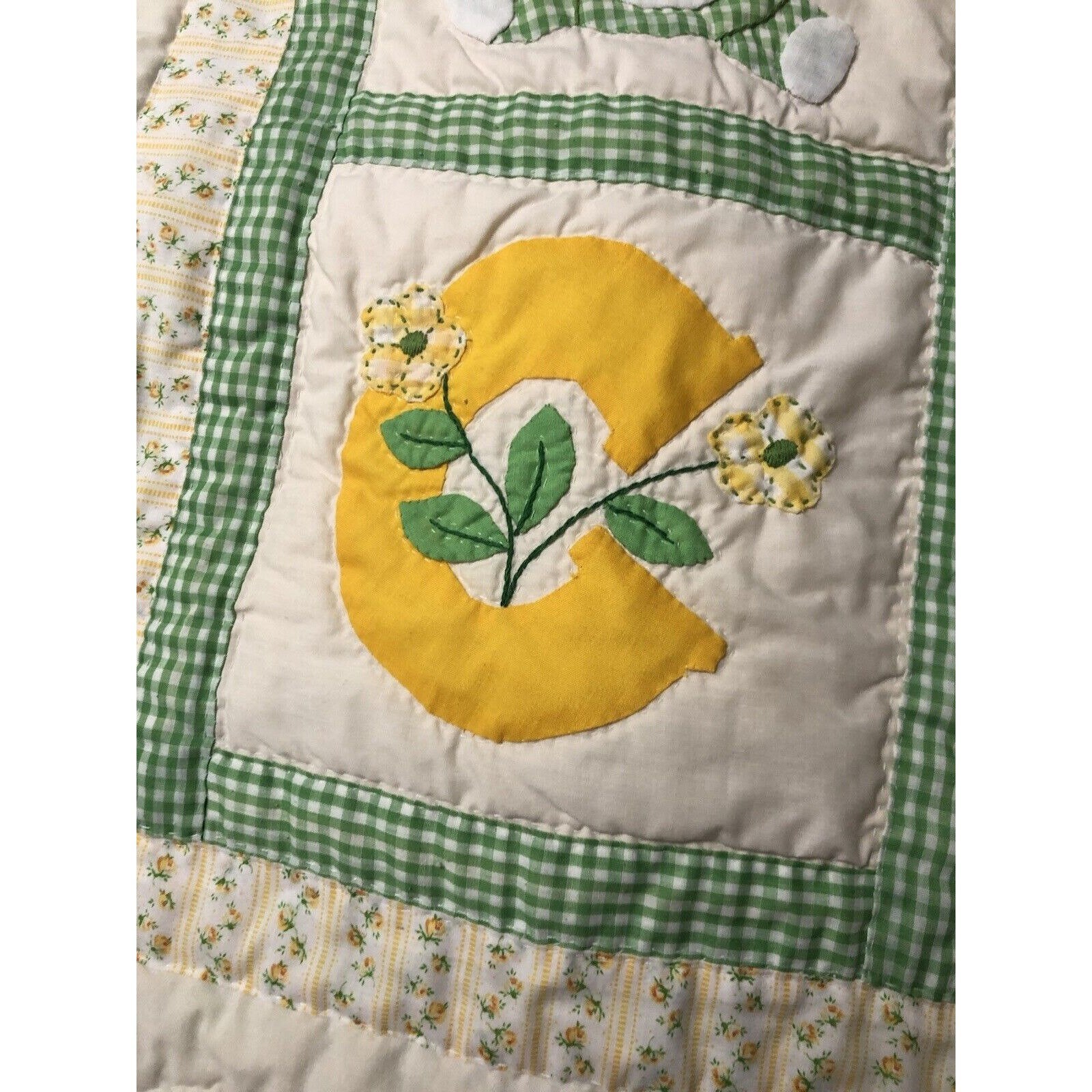 Vintage Handmade ABC Square Baby Quilt Blanket Green Gingham Cat Apple ...