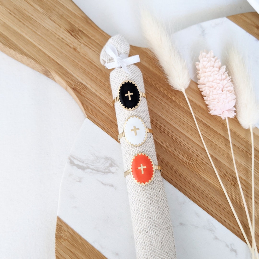 Diane Ring • Adjustable Ring in Steel and White Enamel With Cross and ...