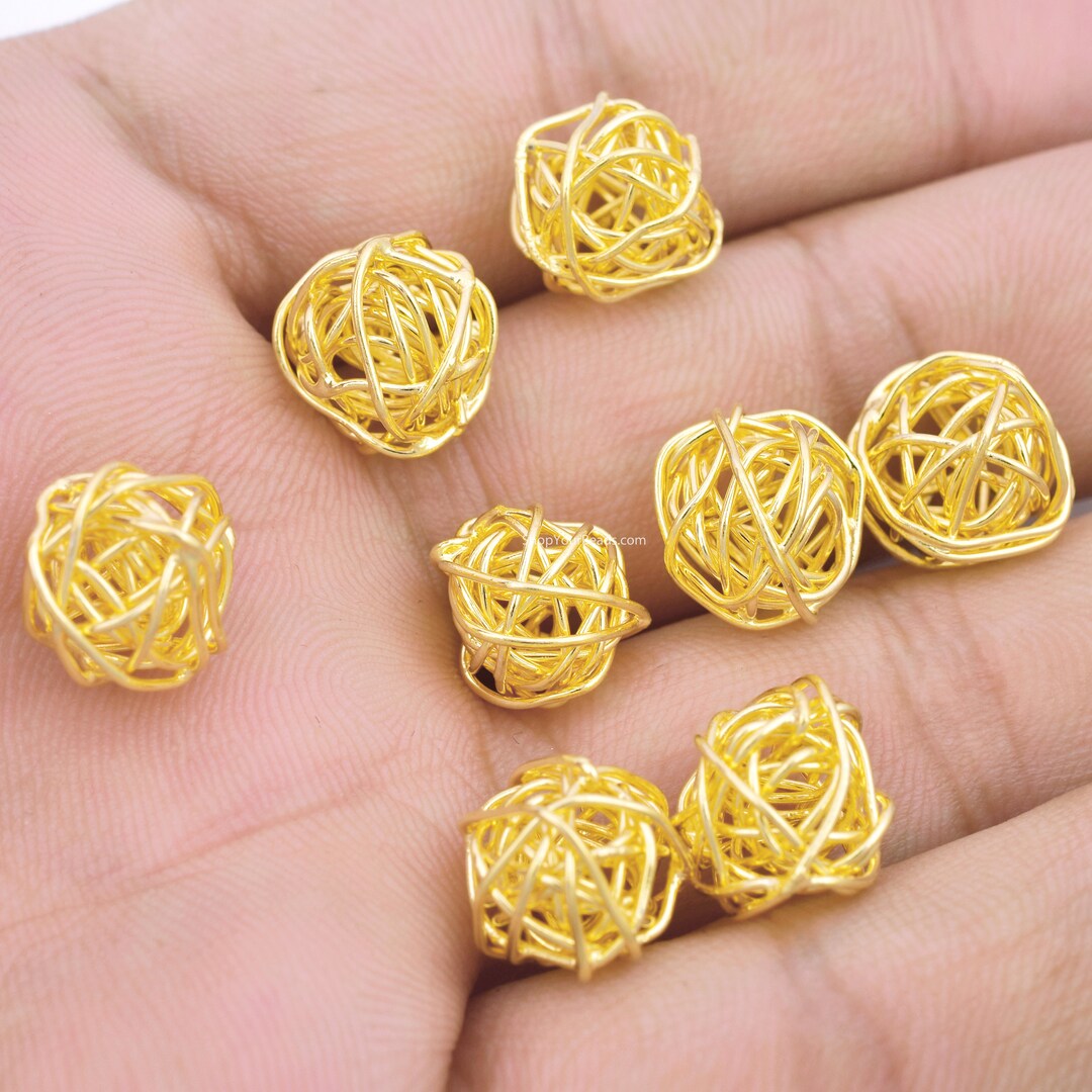 10mm - 8pc Round Gold Wire Ball Beads for Jewelry Making, Shiny Gold ...