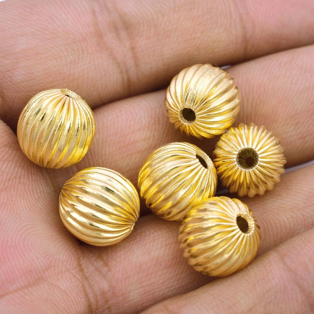 12mm - 6pc Gold Beads, Real Gold Plated Corrugated Ball Beads, Shiny ...