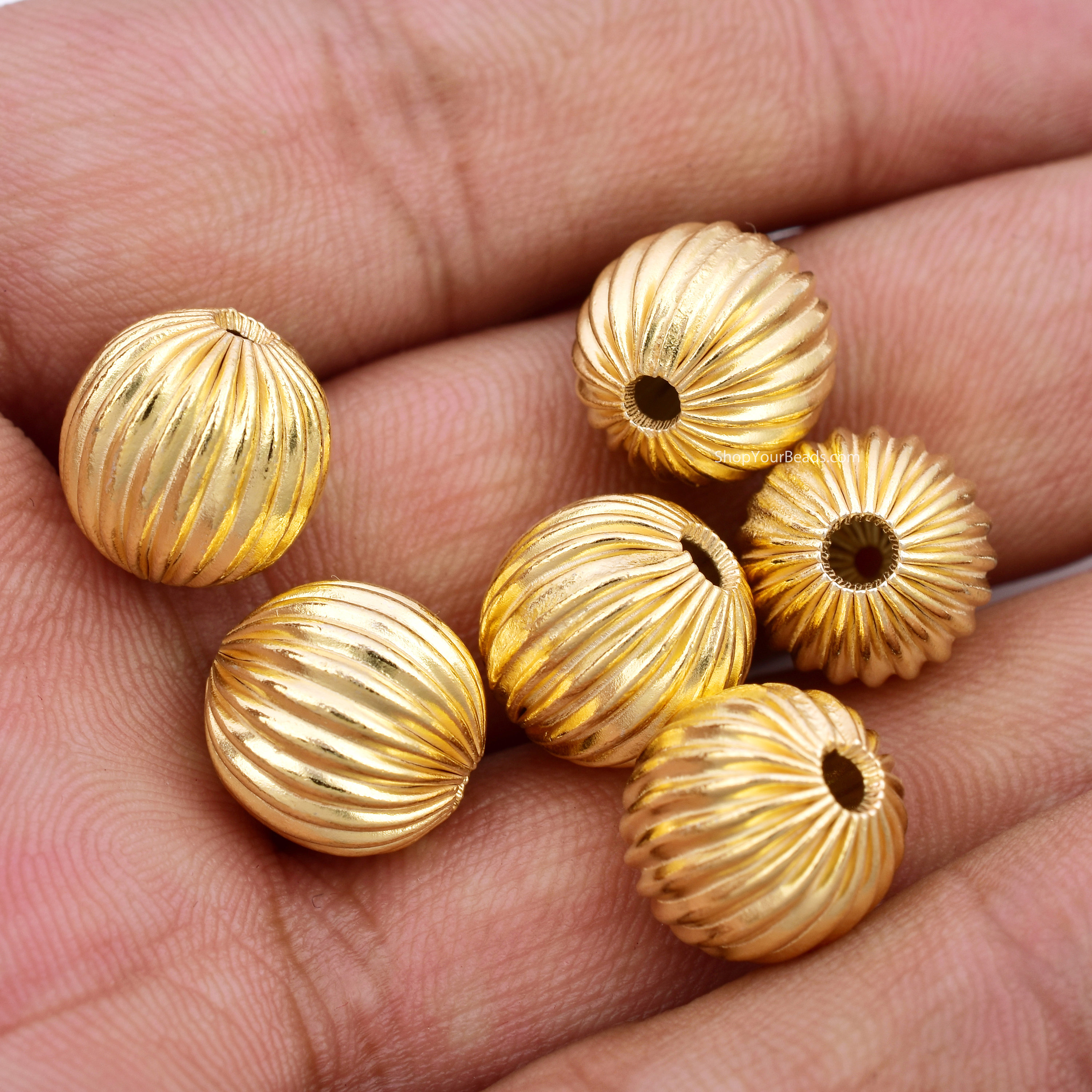 12mm - 6pc Gold Beads, Real Gold Plated Corrugated Ball Beads, Shiny ...