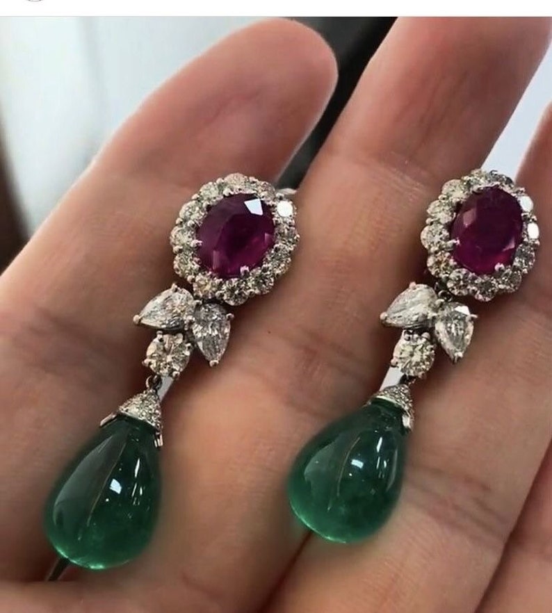 14k Gold 3.5ct Moissanite 12ct Crystal Emerald Ruby Earring - Etsy